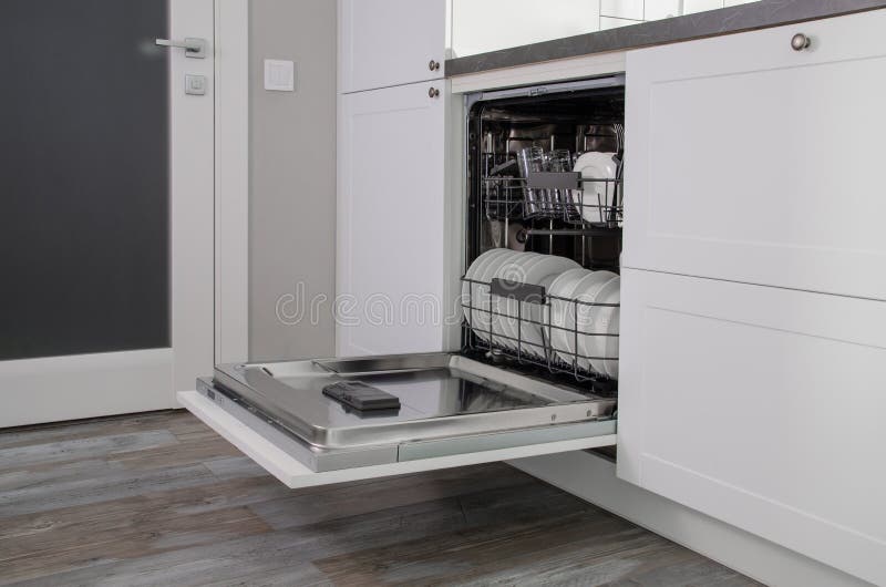 Open Dishwasher with Clean Dishes in the White Kitchen Stock Image ...