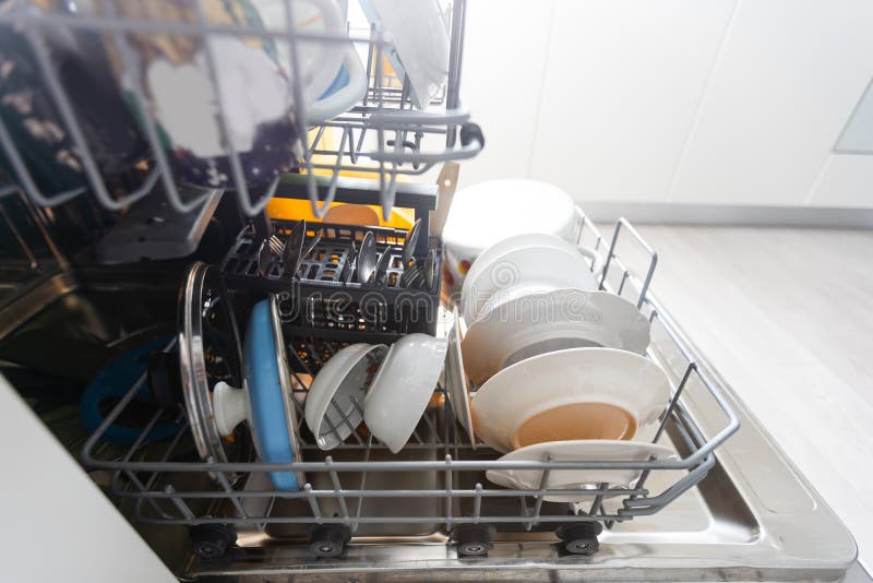 Open Dishwasher with Clean Dishes in the White Kitchen Stock Image ...