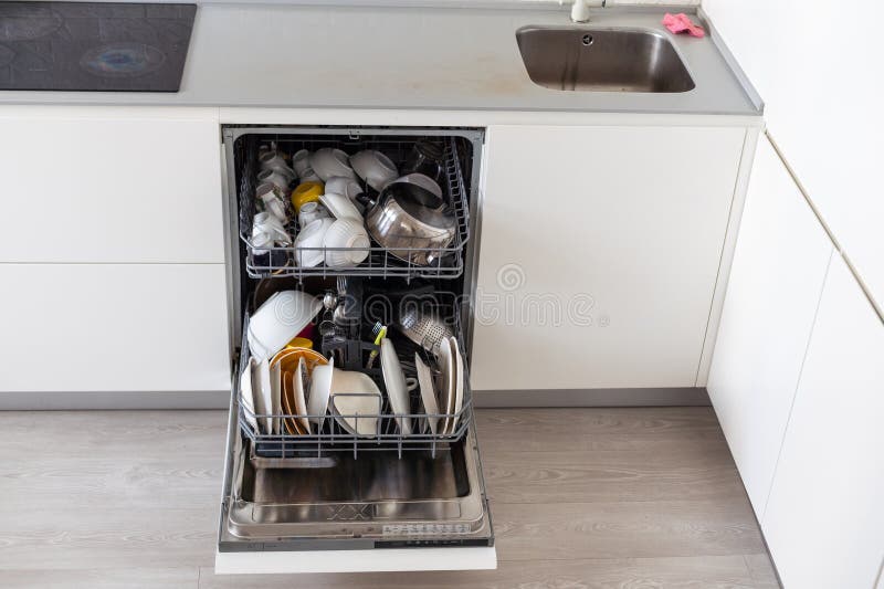 Open Dishwasher with Clean Dishes in the White Kitchen Stock Image ...
