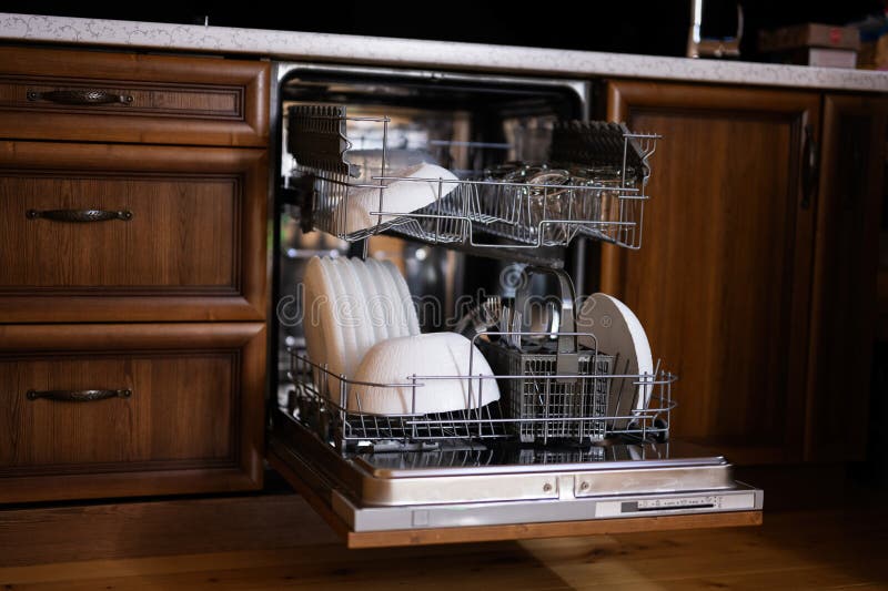 Open Dishwasher with Clean Dishes in Wooden Surface Kitchen Stock Photo ...