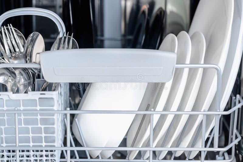 Open Dishwasher with Clean Glass and Dishes. Stock Image - Image of ...