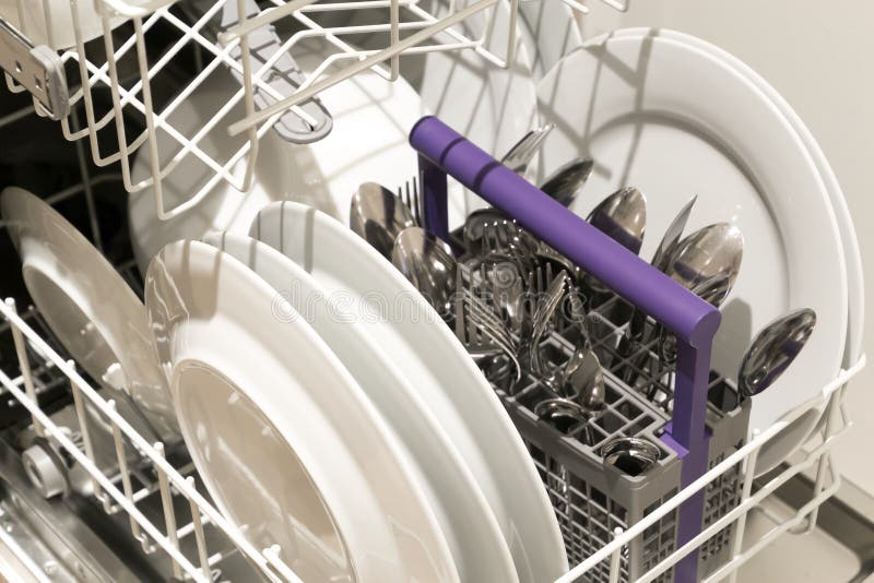 Open Dishwasher with Clean Tableware after the Cleaning Process Stock ...