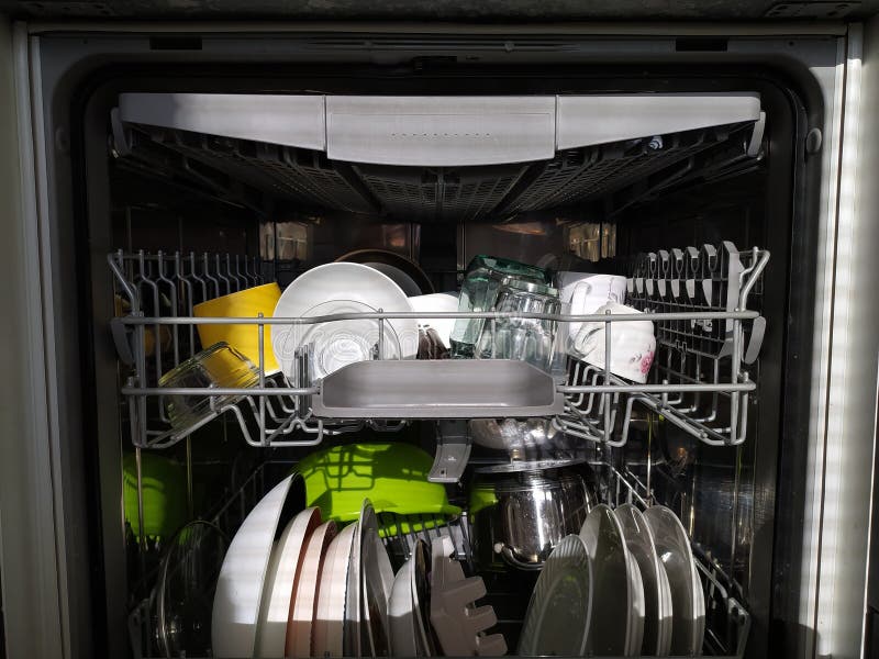 Open Dishwasher with Clean Utensils Inside Stock Image - Image of meal ...