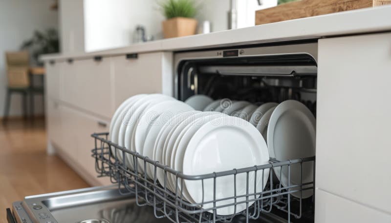 Open Dishwasher with Clean White Plates in Modern Kitchen. Appliance ...