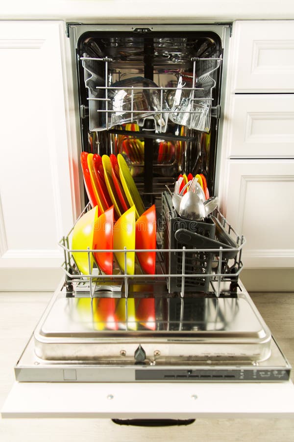 Open Dishwasher with Dishware after Wash in the White Kitchen Stock ...