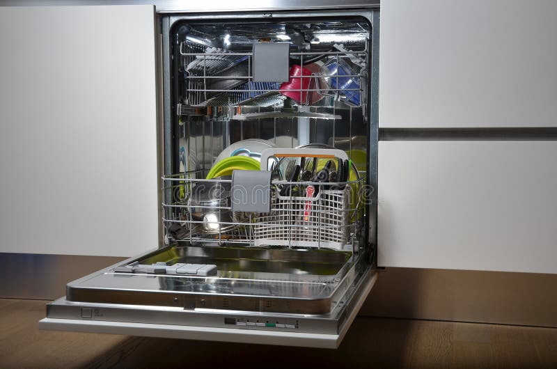 Open Dishwasher Full of Dishes Stock Image - Image of knives, cutlery ...