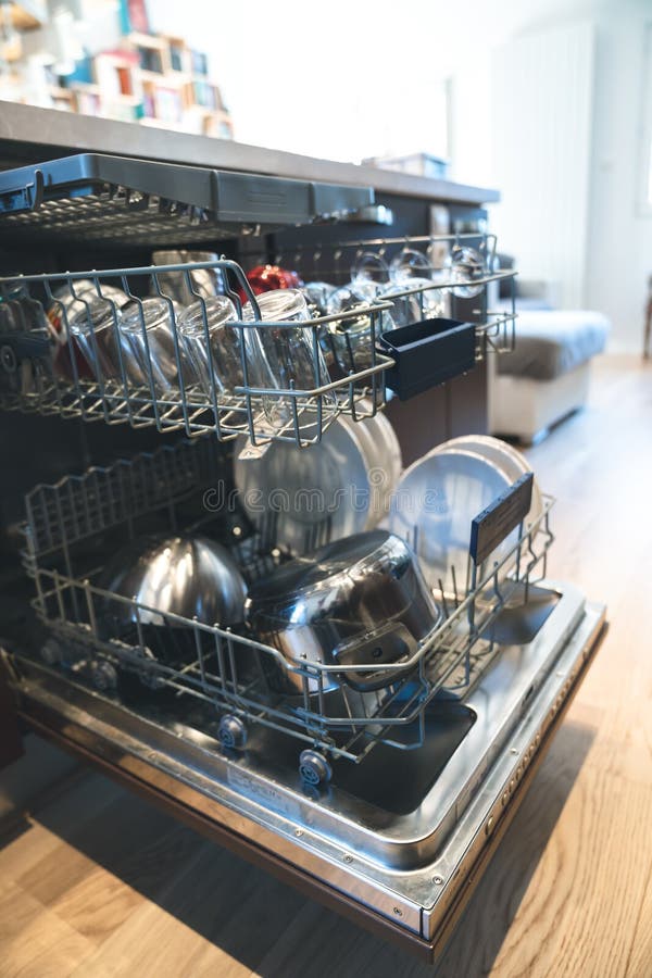 Open Dishwasher at Home Kitchen Stock Image - Image of clean, person ...