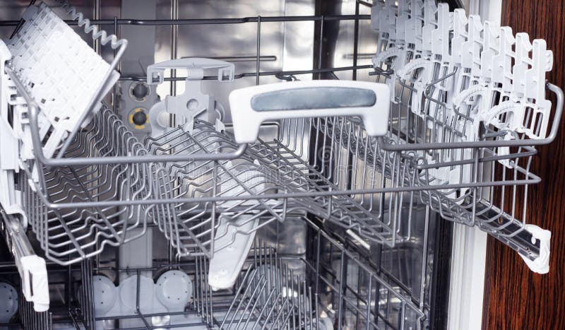 Open Dishwasher in the Kitchen. Dishwasher Rack Stock Image - Image of ...