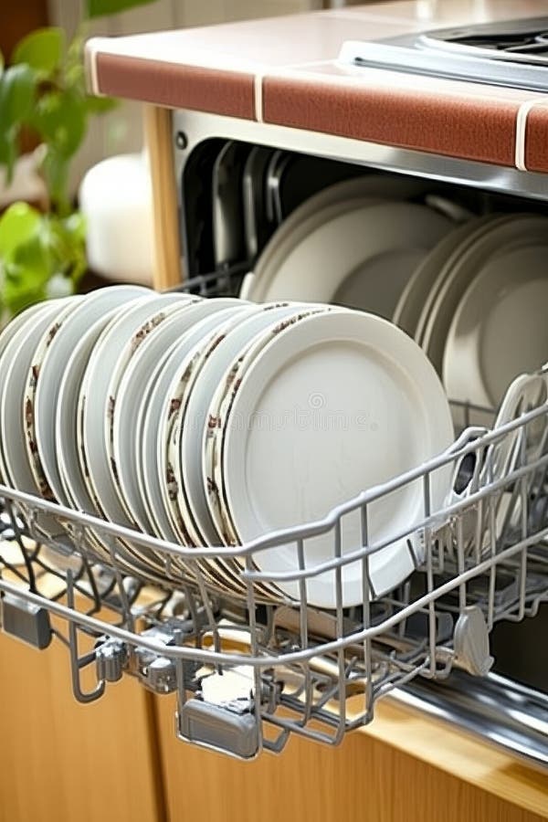 Open Dishwasher is Loaded. Stack of Clean Bright Plates in Basket ...