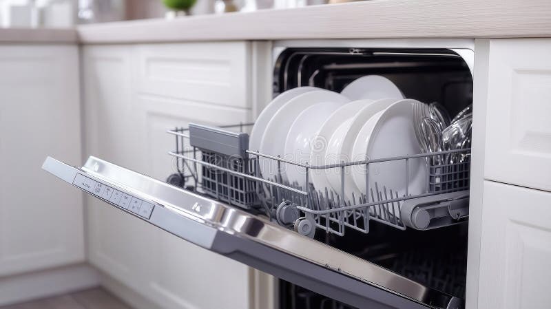 Open Dishwasher Showing Clean Plates and Cutlery in Modern Kitchen ...