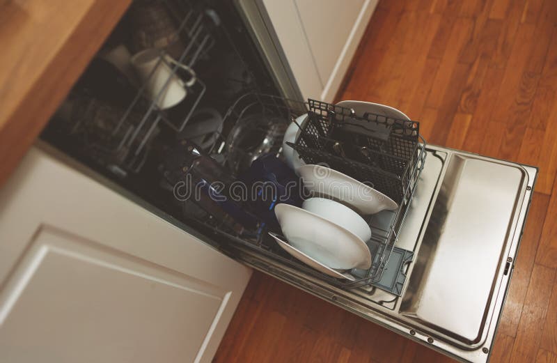 Open dishwasher stock photo. Image of spoon, load, dishware - 210924430