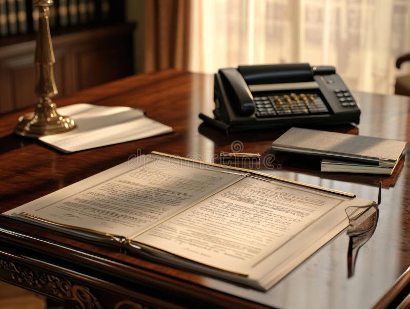 Open Document Lies on Desk with Phone, Pen, and Glasses. Study Room or ...