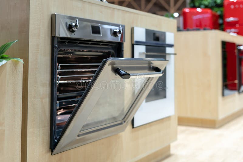 Open Door on Black Modern Built-in Oven Stock Image - Image of closeup ...