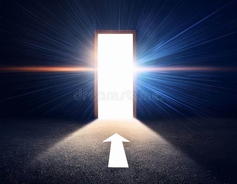 Bright Light Shining from Open Door with Arrow Leading Towards it Stock ...