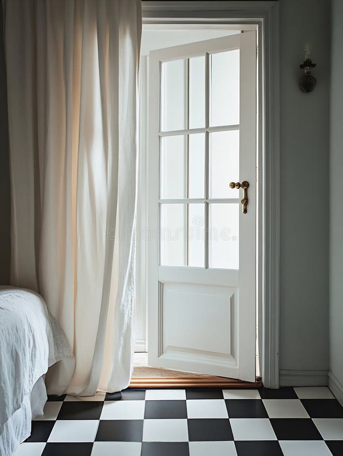 Open door, checkered floor stock image. Image of ambiance - 345253549