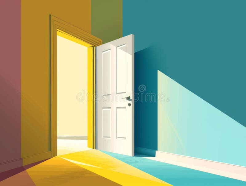Open Door in Empty Room with Colorful Wall and Floor, Vector ...