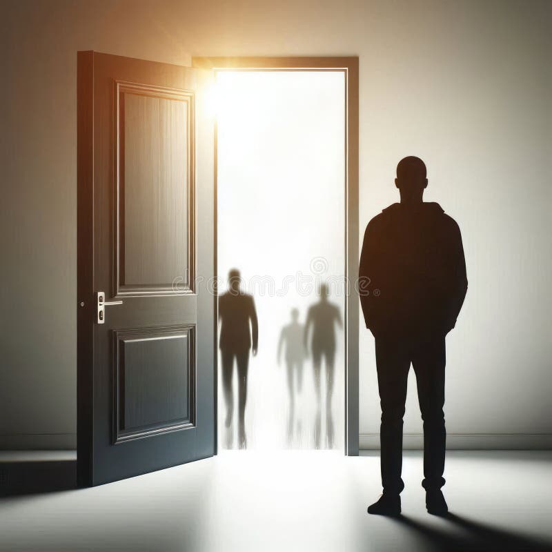 An Open Door with Figures Leaving into the Light. Stock Photo - Image ...