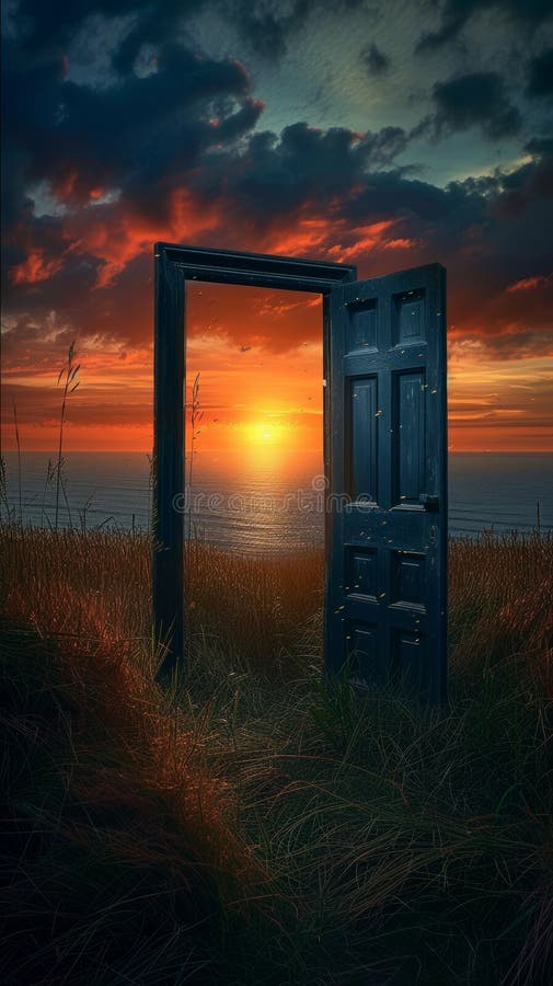 Open Door on Grass Field with Sunset Over Ocean Stock Photo - Image of ...