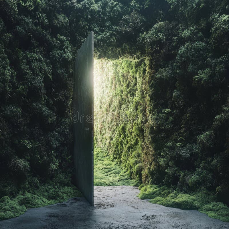 Open Door in the Green Forest. Conceptual Image Stock Illustration ...