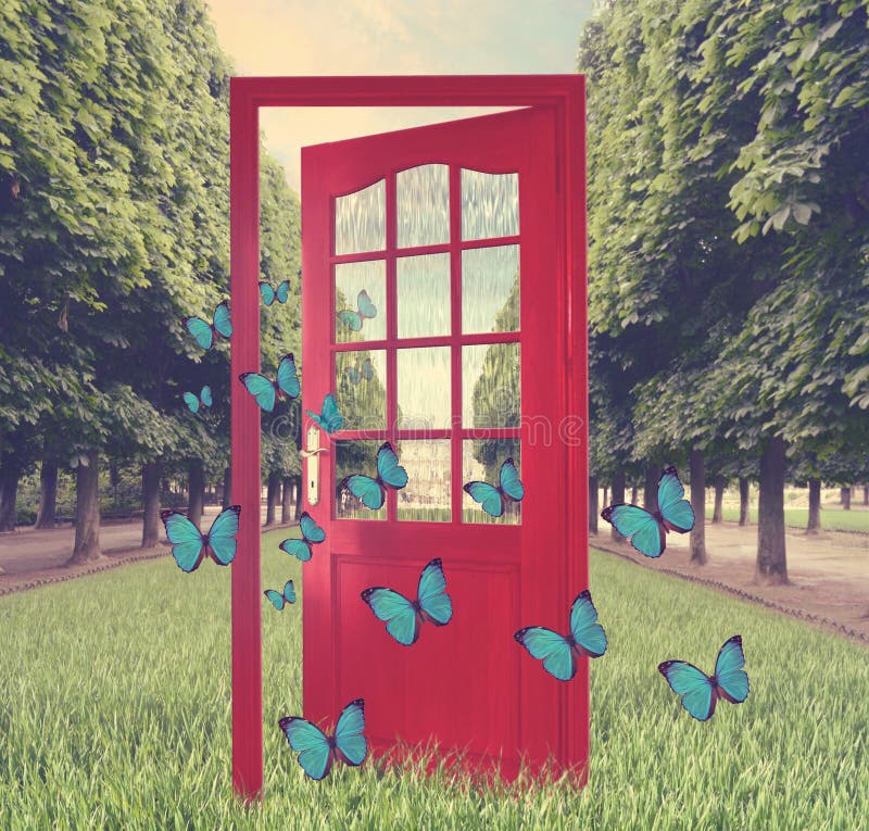 Open Door in Green Garden and Flying Butterflies Stock Image - Image of ...