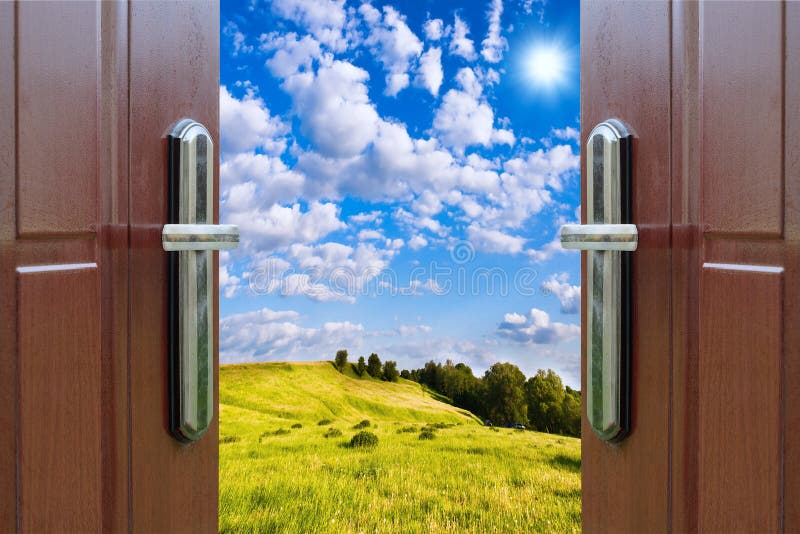 Open Door with of Green Meadow Illuminated by Bright Sunshine Stock ...