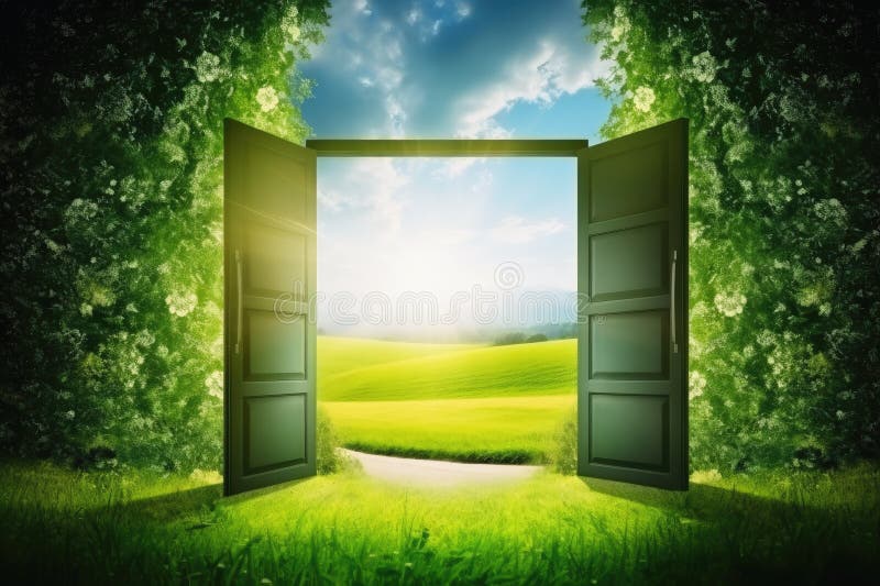 An Open Door on a Green Meadow Showing Another World Stock Illustration ...