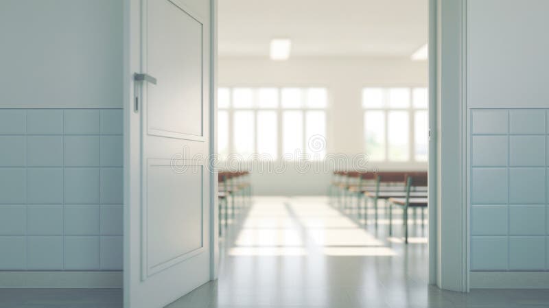 Open Door Leading into Bright, Empty Classroom with Sunlight Streaming ...