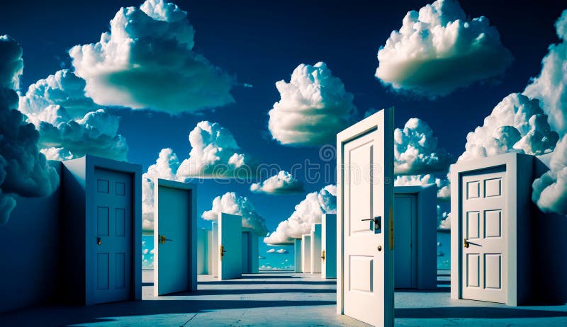 Open Door Leading To Another Open Door in Blue Sky Filled with Clouds ...