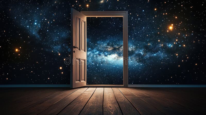 An Open Door Leading To the Universe with Stars and Galaxies Stock ...