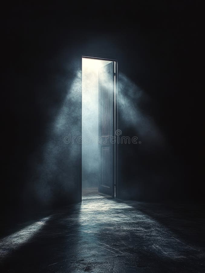 Open Door with Light Beams in a Dark Room. Stock Image - Image of ...