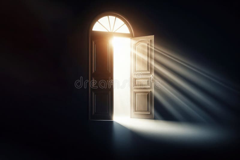 An Open Door with Light Coming Out. Space for Text. Stock Illustration ...