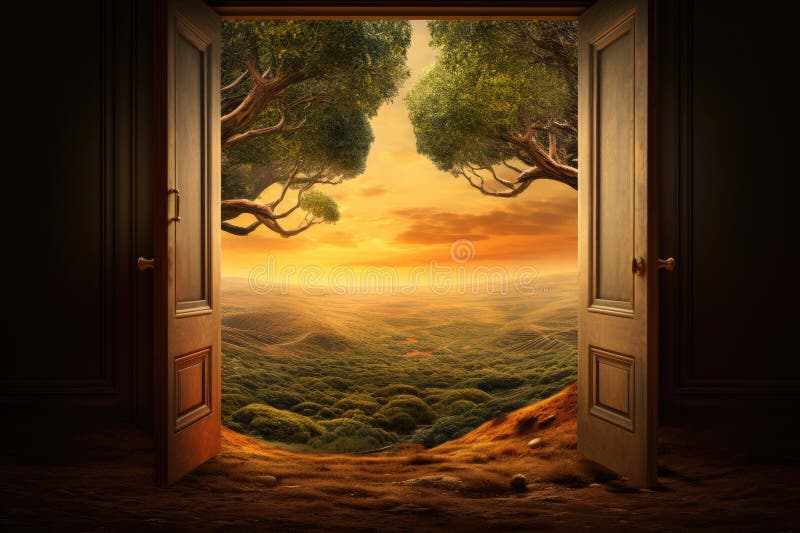 Open Door, Lush Green Landscape Beyond Stock Illustration ...