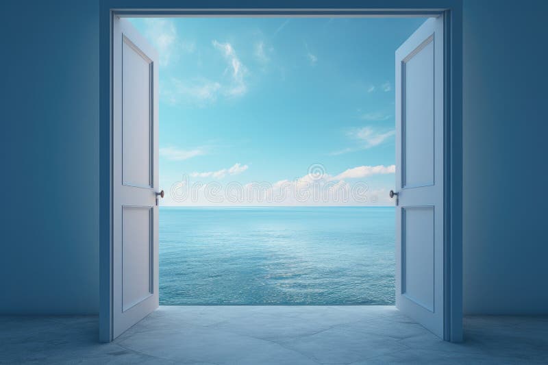 An Open Door Reveals a Serene Ocean Under a Clear Blue Sky Stock ...