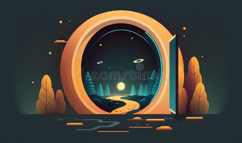 An Open Door with a Road Going through it and a Moon in the Sky Stock ...