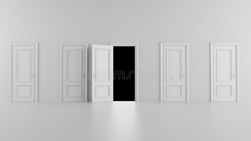 Open Door among Several Doors in a Bright Room with Alpha Channel Stock ...