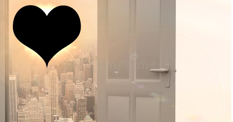 Open Door To Cityscape with Black Heart Shape Stock Image - Image of ...
