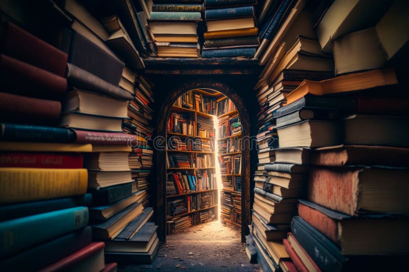 An Open Door To Room Full of Books. Generative AI Stock Illustration ...