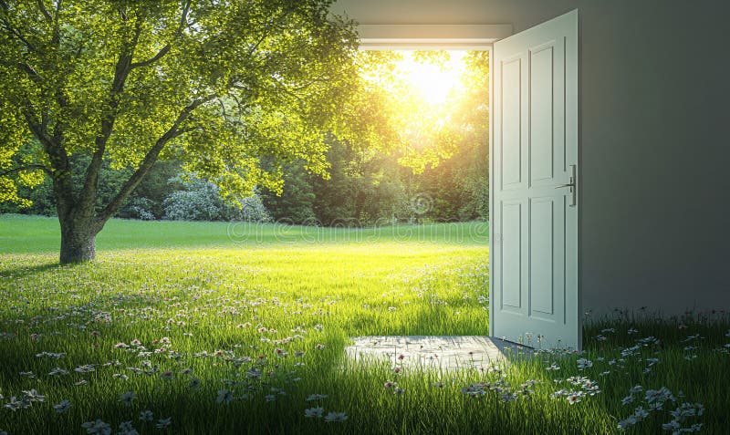 Open Door To Sunny Spring Meadow Landscape High Quality Image Stock ...