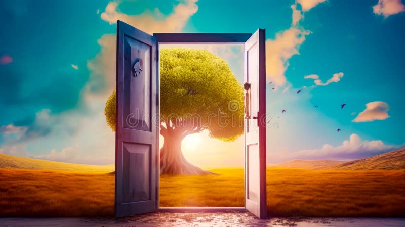Open Door with Tree in the Middle of Field with Birds Flying Around ...