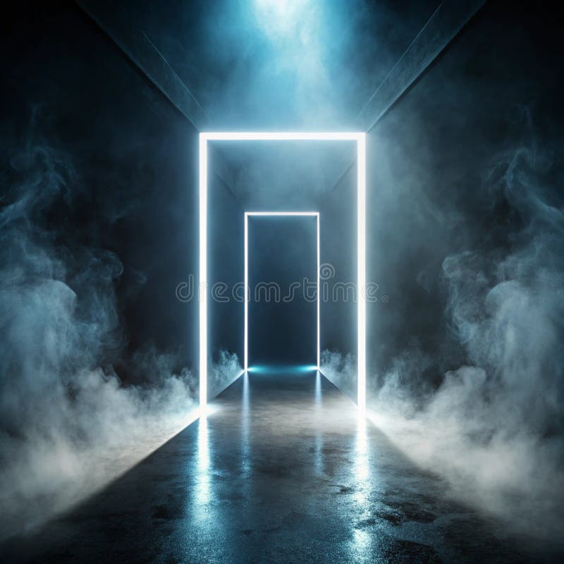 Open the Door Tunnel White Rectangle an Empty Dark Scene, Rays of Neon ...