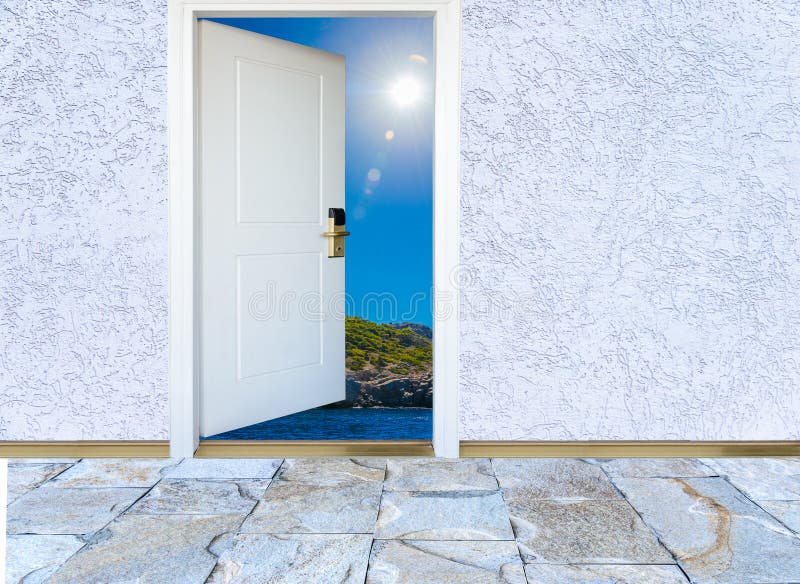 Open Door with a View of Green Meadow Illuminated Stock Image - Image ...