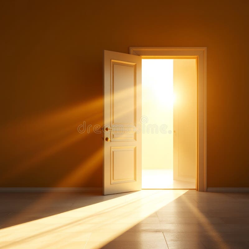 Open Door with Warm Sunlight Flooding in Stock Illustration ...