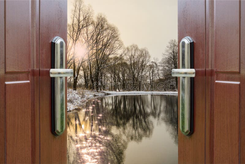 Open Door and a Winter Forest Stock Photo - Image of backgrounds ...