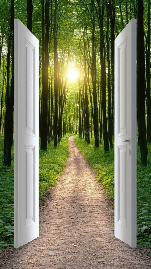 Open Doors Leading To a Sunlit Forest Trail Surrounded by Trees Stock ...