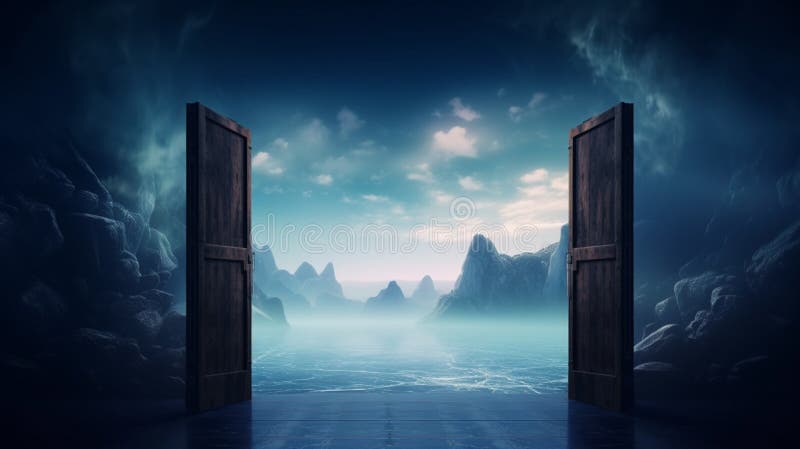 Open Doors. Open Doors and Magical Glow, Fantasy Night Scene with Sea ...