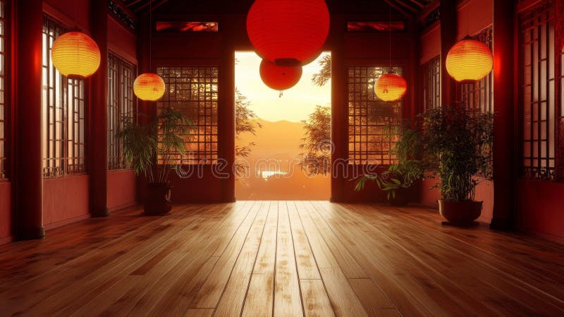 Open Doors To a Sunset View in a Traditional Chinese Home Stock ...