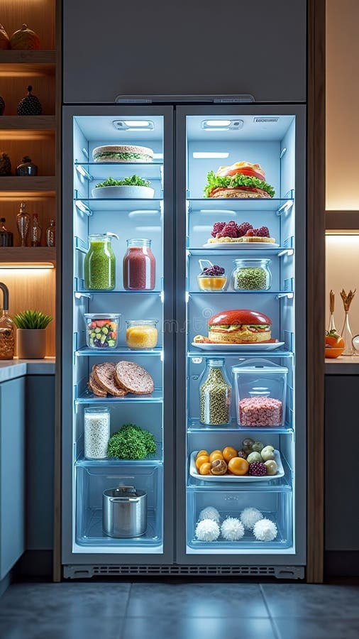 Open Double-door Refrigerator Filled with Fresh Produce, Vegetables ...