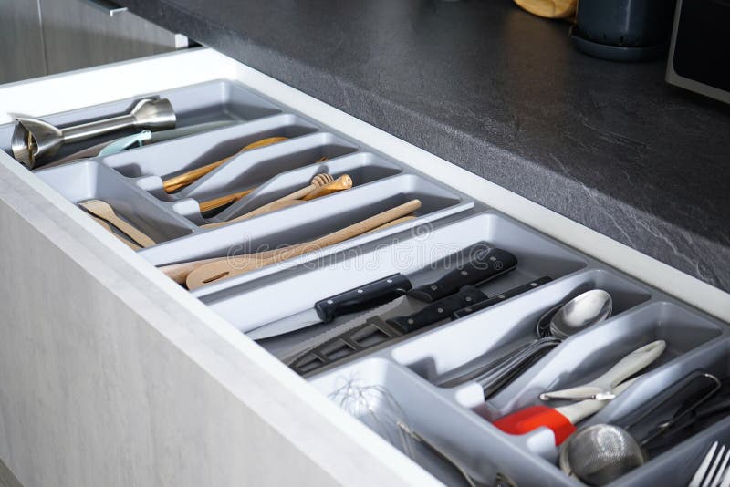 Open Drawer with Cutlery in Kitchen Stock Image - Image of fork ...