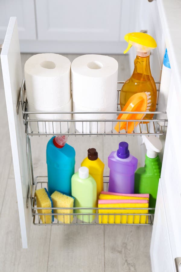 Open Drawer with Different Cleaning Supplies in Kitchen Stock Image ...