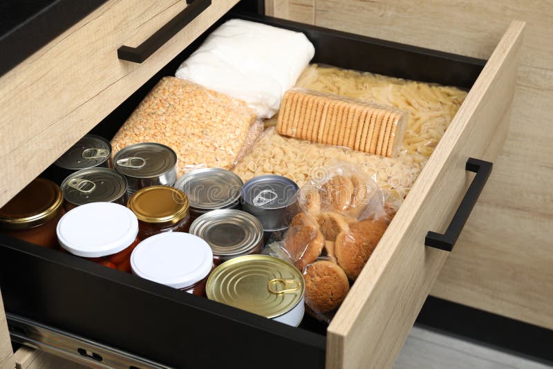 Open Drawer with Different Products. Food Donation Stock Image - Image ...